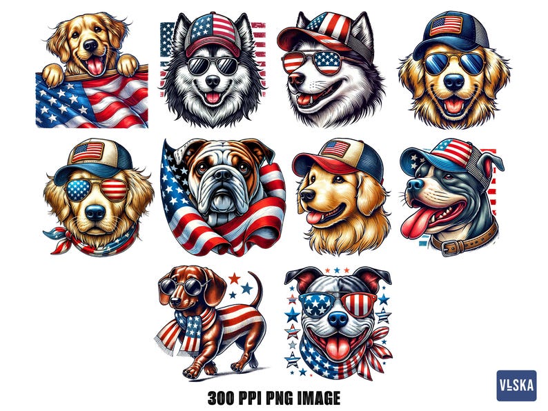 American Patriotic Dog PNG Clipart Bundle | 4th of July USA Flag Dogs ...