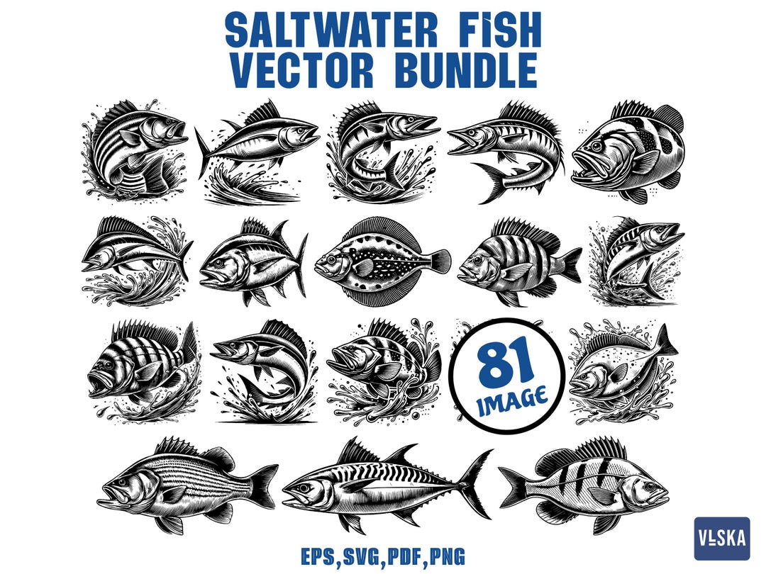 Saltwater Fish SVG Clipart Bundle for Fishing | 81 Sea Fish Designs for ...