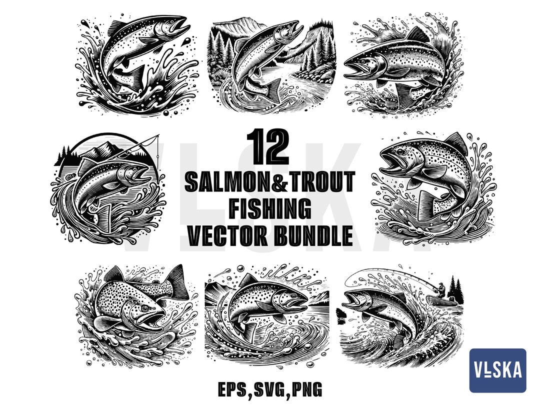 Salmon Fishing SVG Clipart Bundle | Trout Fishing SVG | Salmon ...