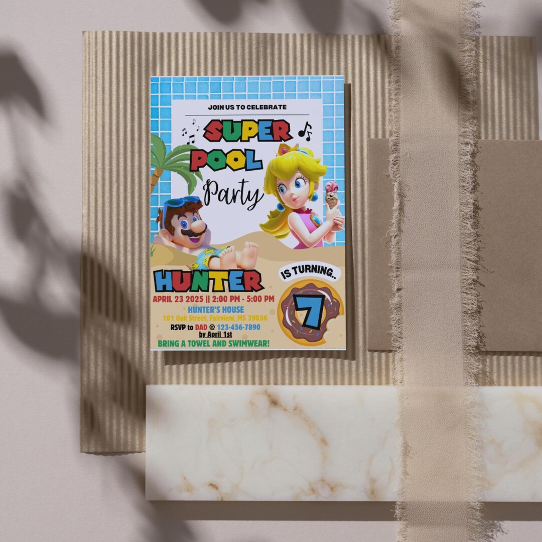 Super Plumber Pool Party Invitation Video Game Pool Birthday Editable ...