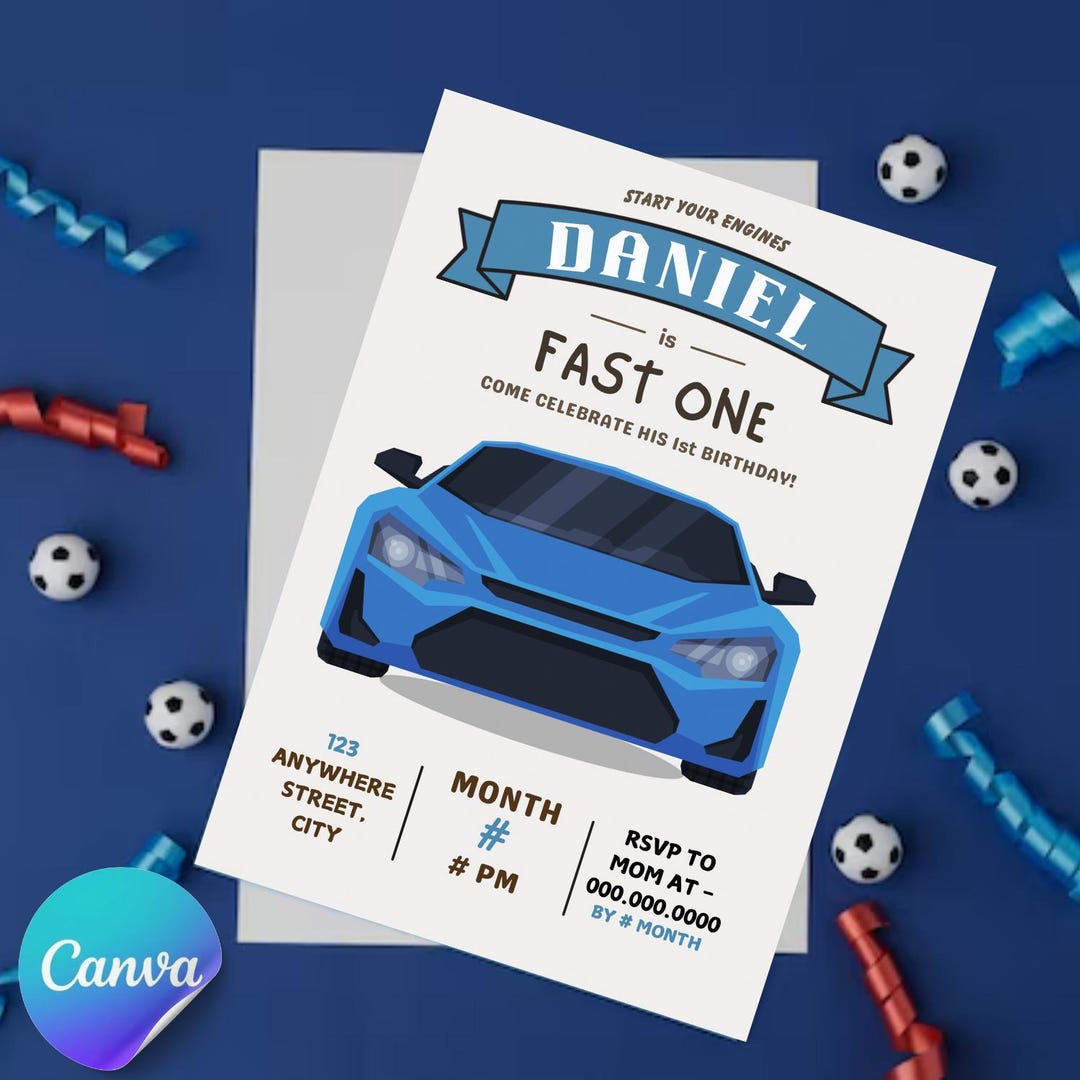 One Year Old Race Car Birthday Invitation Editable Template Boys 1st ...