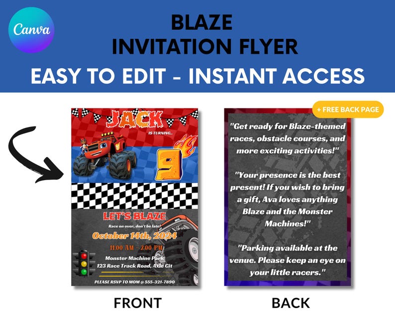 Monster Truck Birthday Invitation: Racing Party, Blaze Theme (digital ...