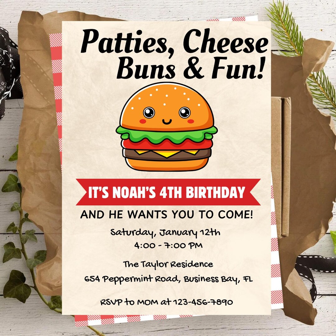 Cheeseburger Birthday Party Invitation: Editable Food Theme (digital ...