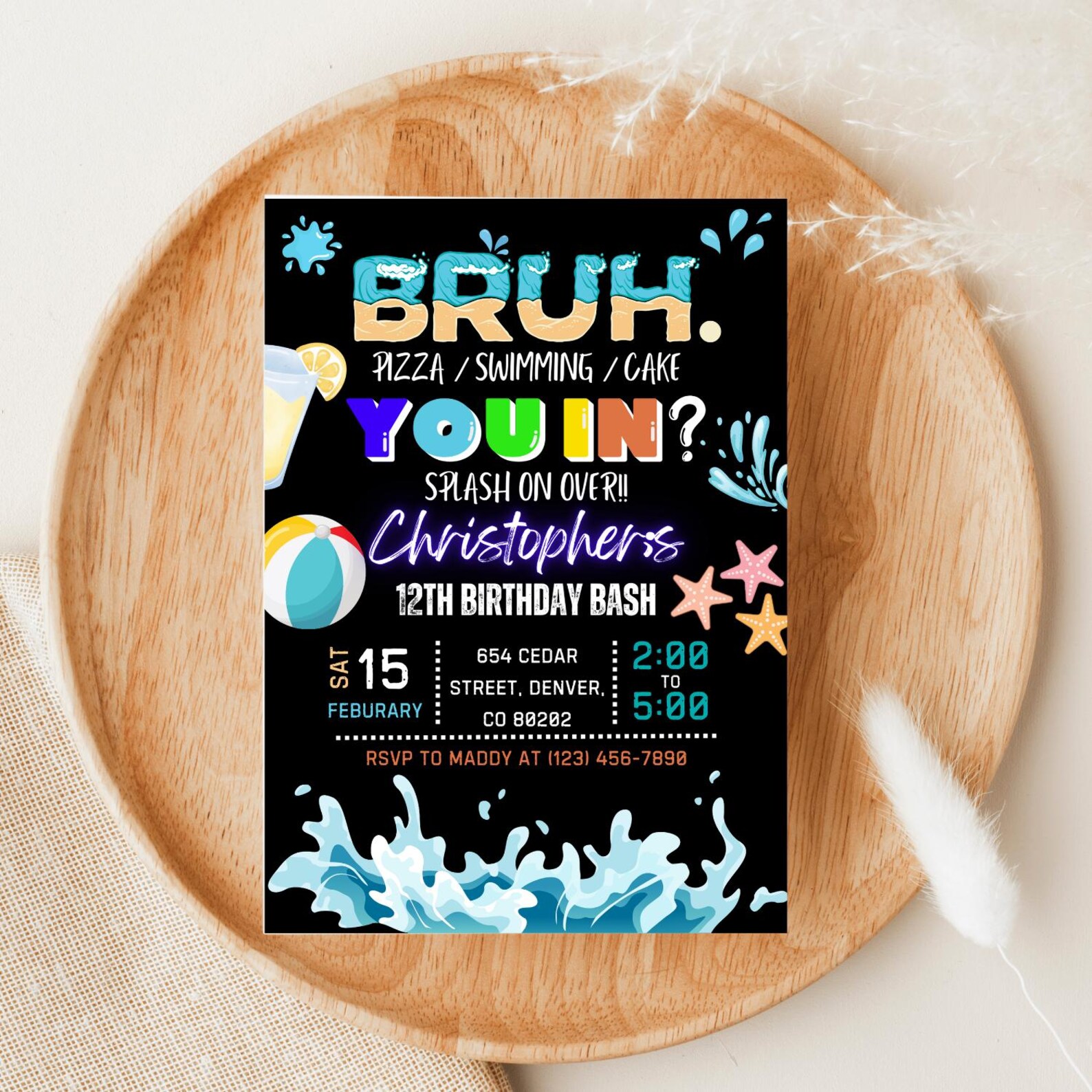 Bruh Pool Party Invitation: Teen Birthday, Editable Template (digital ...