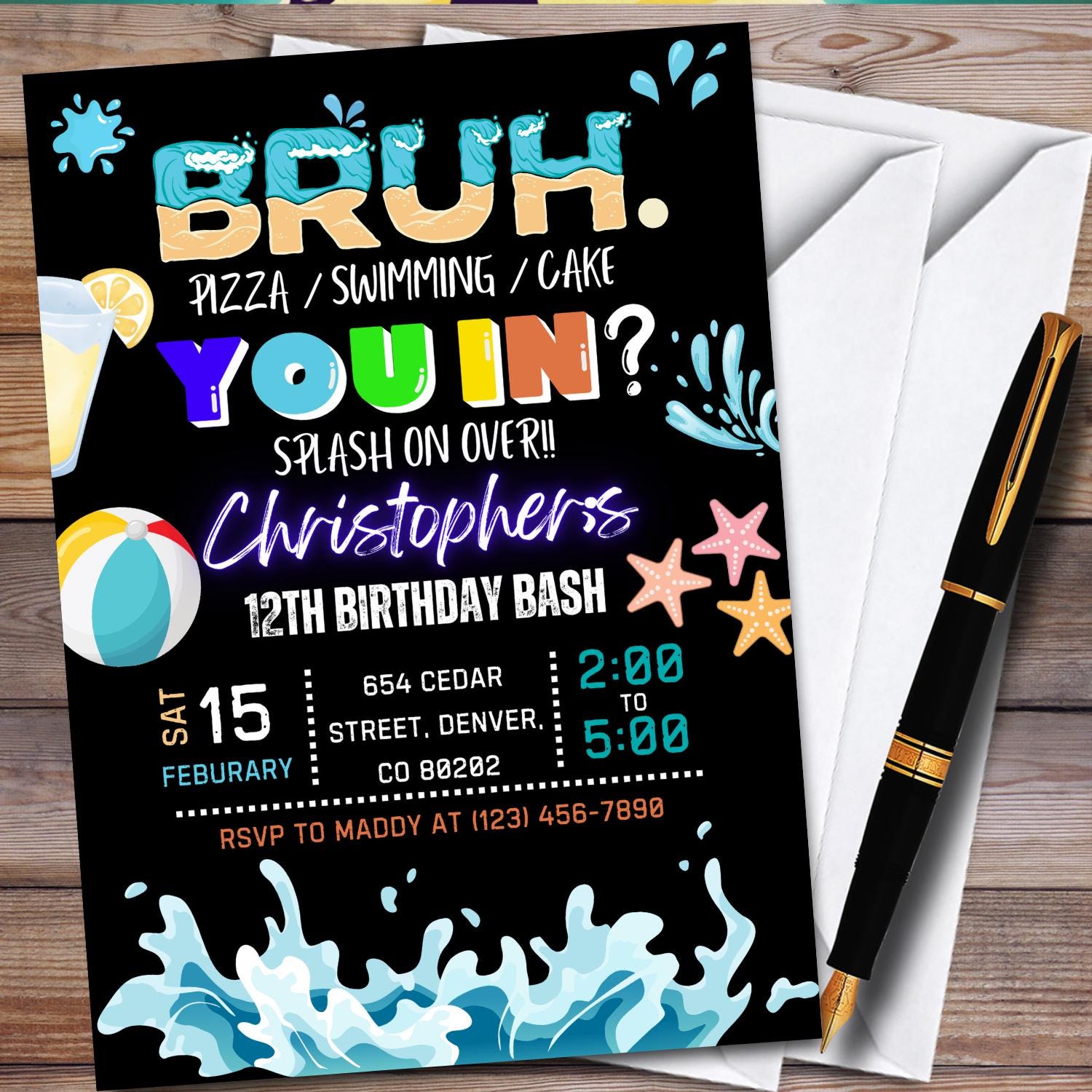 Bruh Pool Party Invitation: Teen Birthday, Editable Template (digital ...