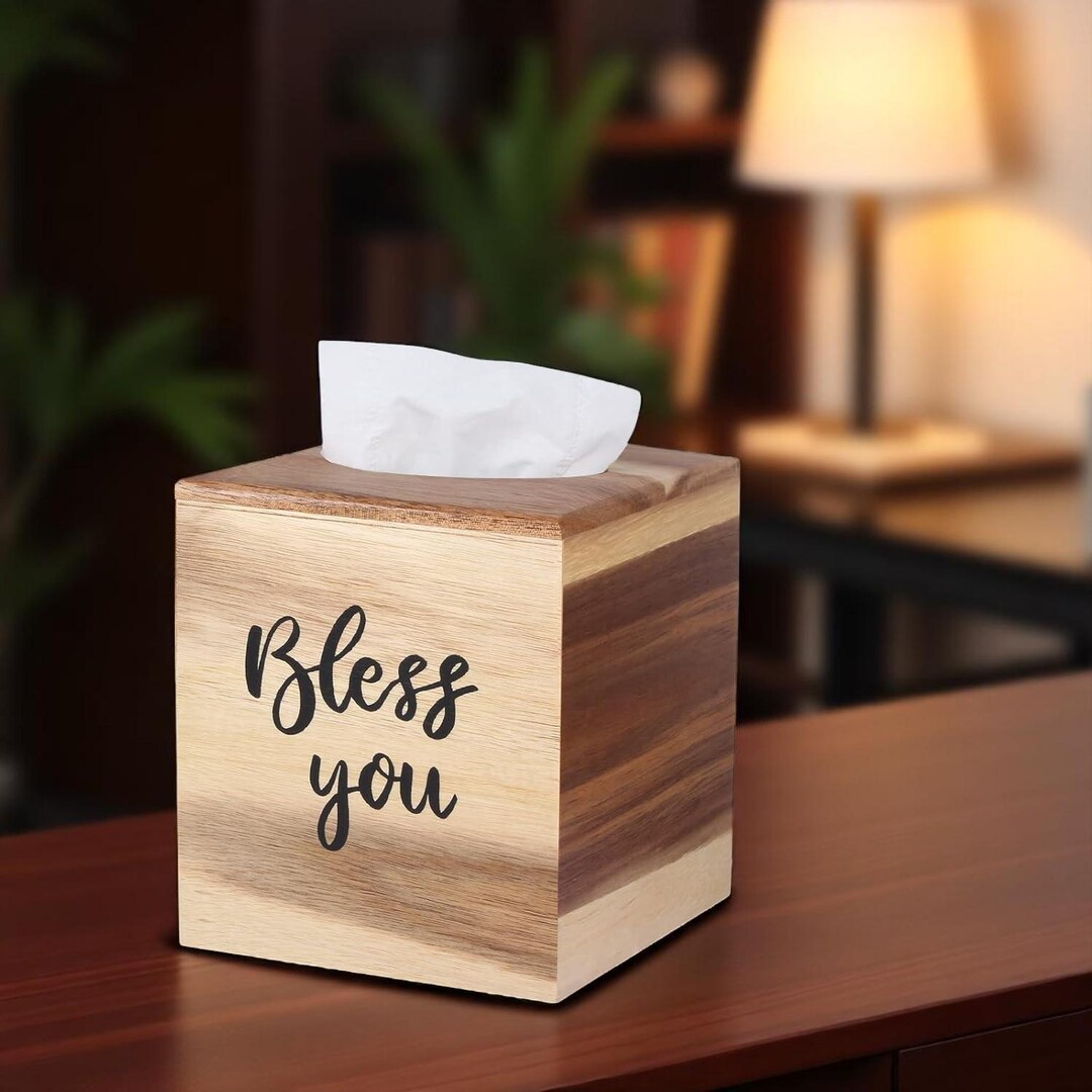 Square Acacia Wood Tissue Box Cover – “bless You” Design – Slide-out ...