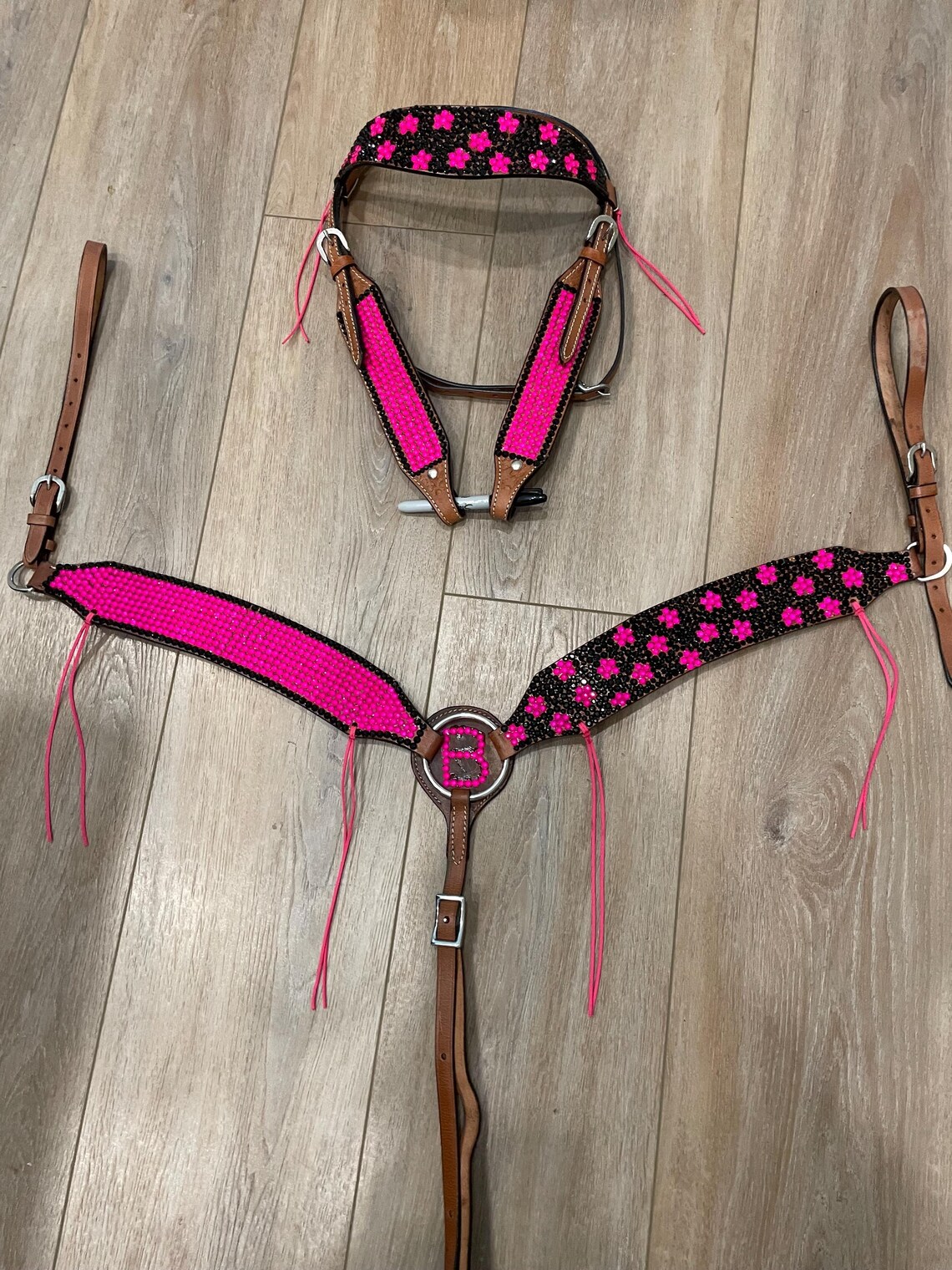 Pink and Black Flower Bedazzled Tack Set - Etsy
