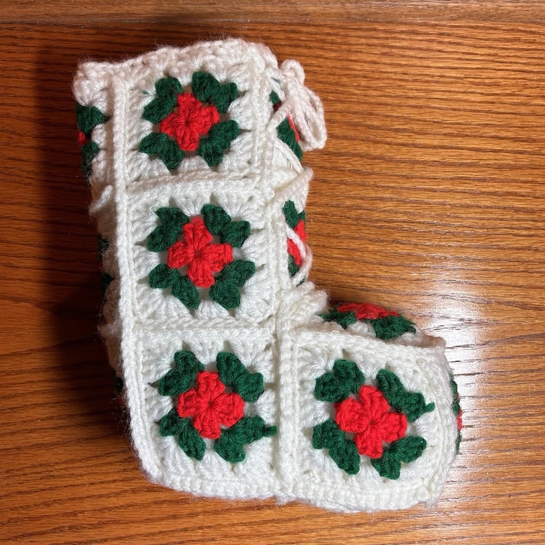 VTG Granny Square Christmas Boot Stocking 10" Handmade Crochet Xmas MCM ...