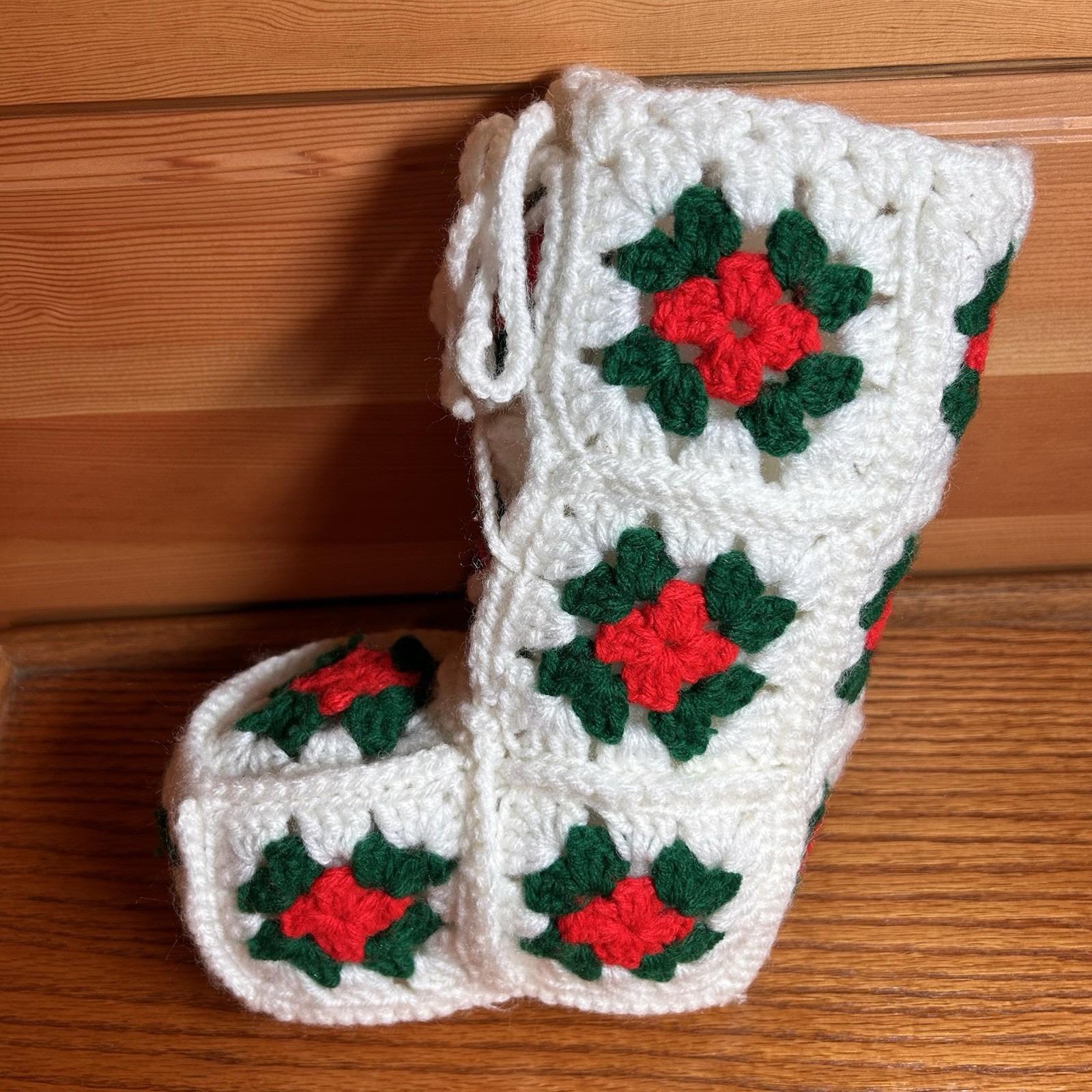 VTG Granny Square Christmas Boot Stocking 10" Handmade Crochet Xmas MCM ...