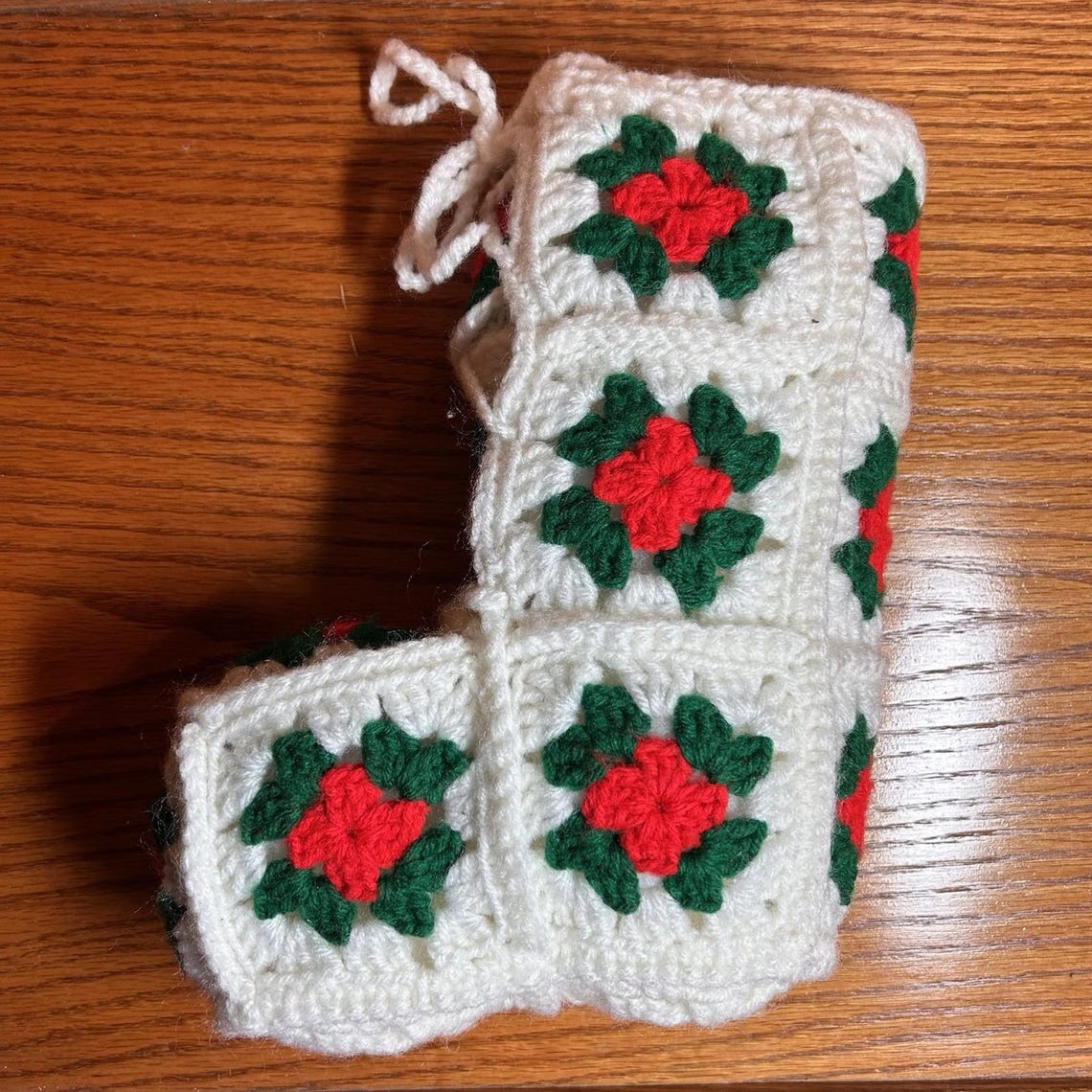 VTG Granny Square Christmas Boot Stocking 10" Handmade Crochet Xmas MCM ...