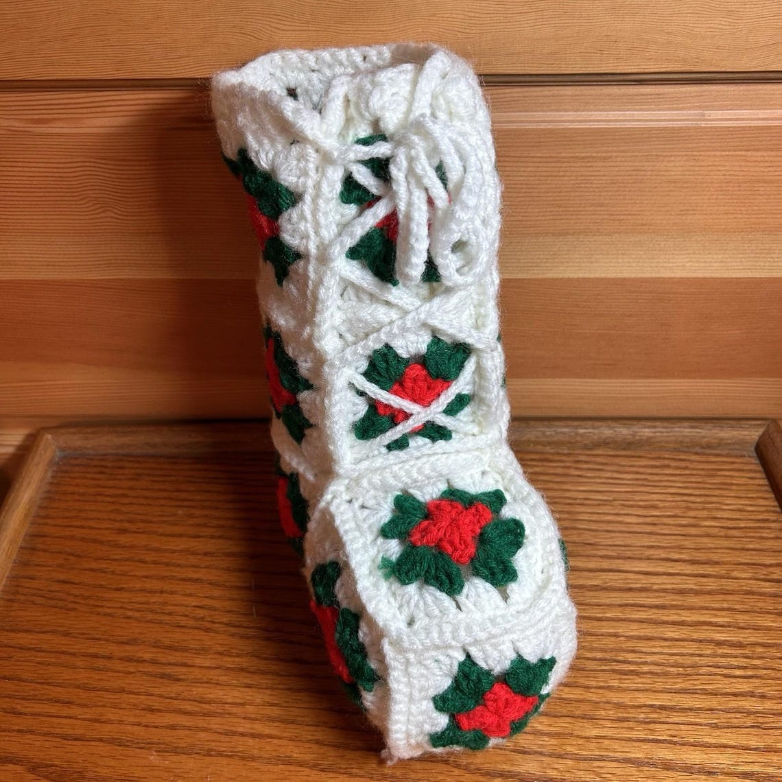 VTG Granny Square Christmas Boot Stocking 10" Handmade Crochet Xmas MCM ...