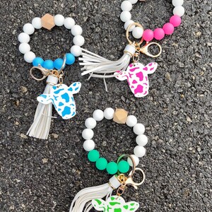 Cow Print Keychain, Silicone Bead Keychain, Wristlet, Beaded Wristlet ...
