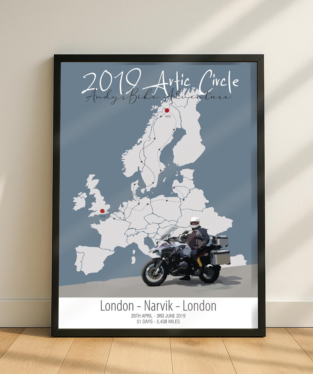 Custom Motorcycle Road Trip Map Print - Motorbike Memories Adventure ...