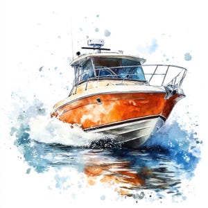 10 Printable Motor Boat, Boat Wtercolor Art, Motor Boat Print, Kids ...