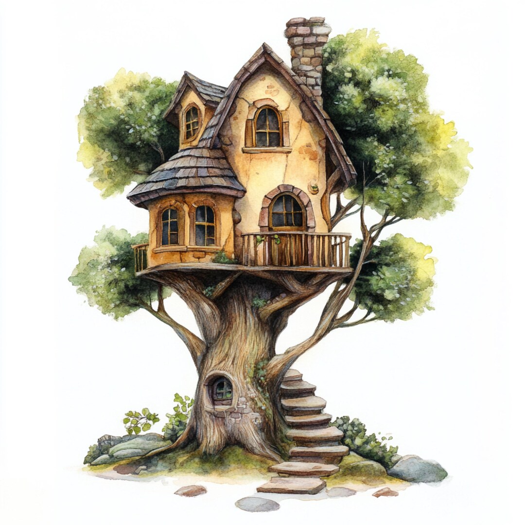 10 Printable Tree House, Fairy Tree House, Printable Watercolor Clipart ...