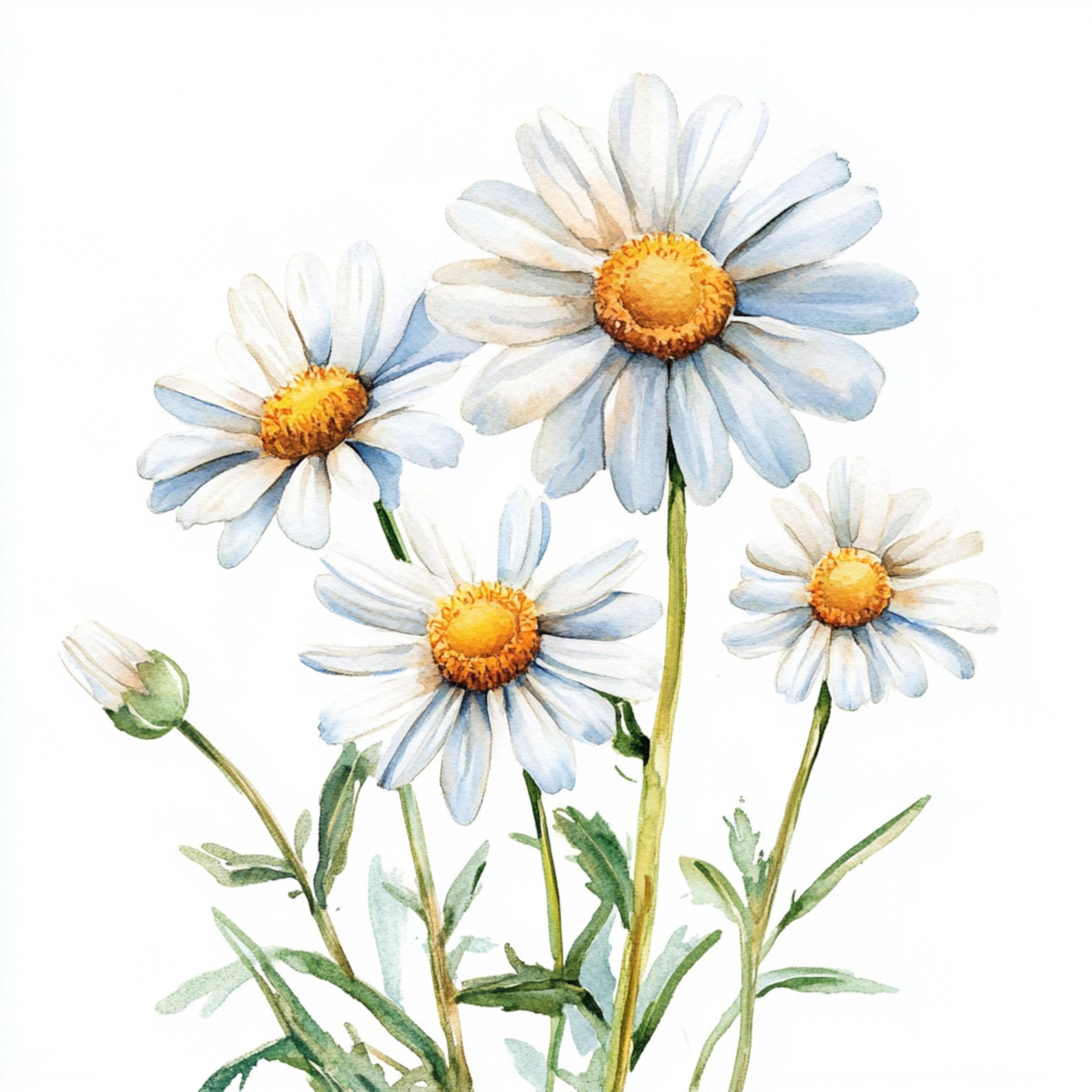 10 Printable White Daisies Flowers, Watercolor Daisy, Botanical Daisies ...