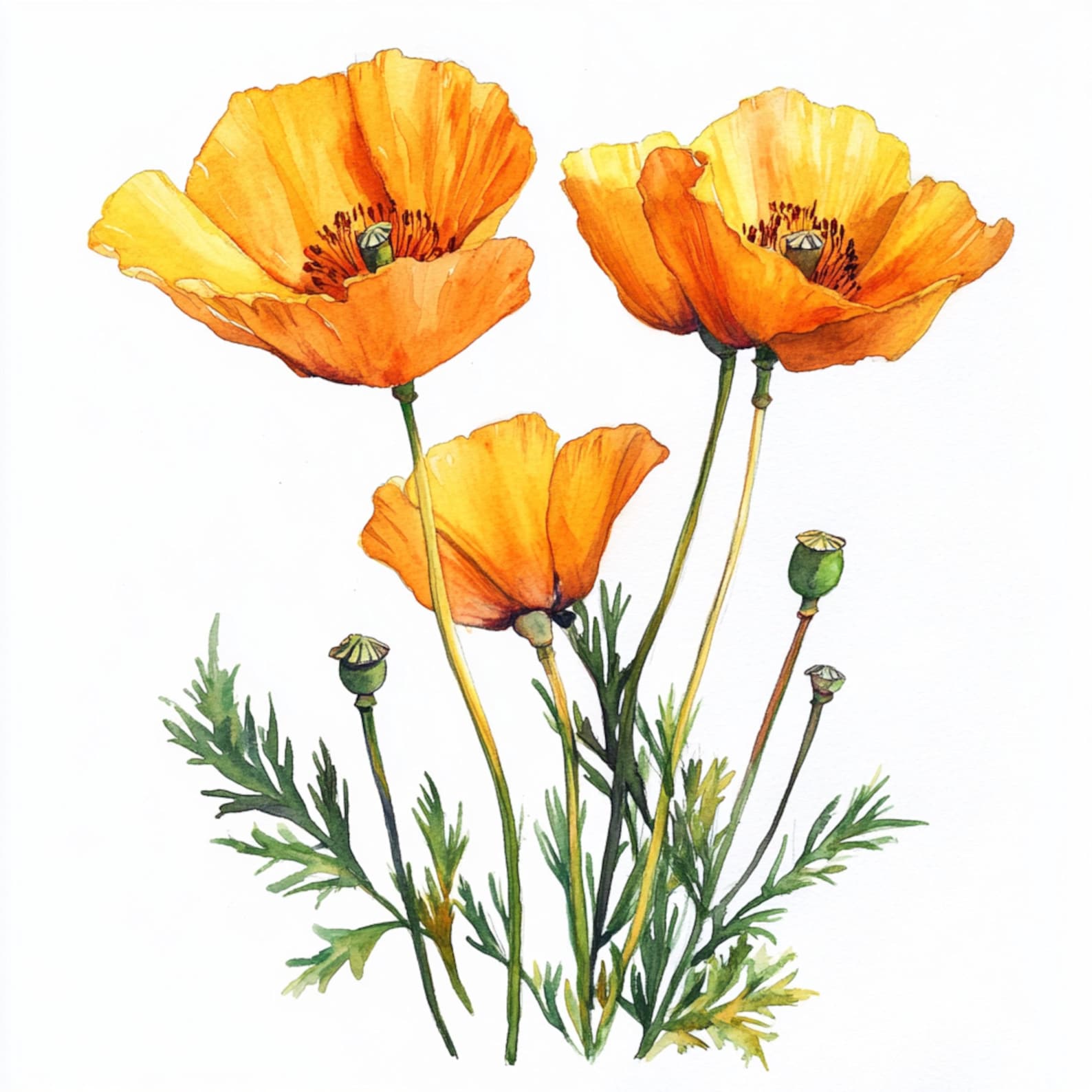 10 Printable California Poppies Art, Watercolor Images, Orange Poppies ...