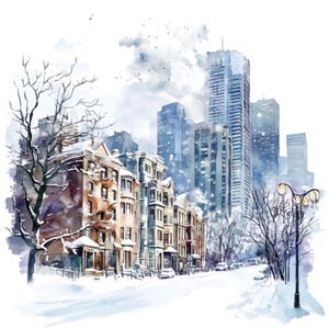 Winter Big City Landscape, Watercolor Art, Christmas Decor, 10 Clip Art ...