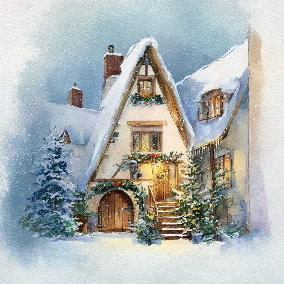 12 Printable Christmas Cottages, Christmas Card, House, Watercolor ...