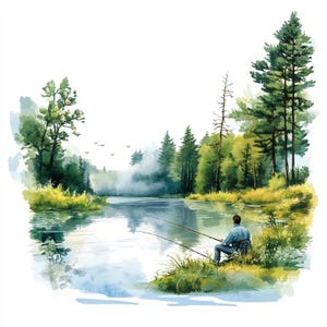 Printable Fishing Man, Fisherman on Forest Lake, Watercolor Clipart ...