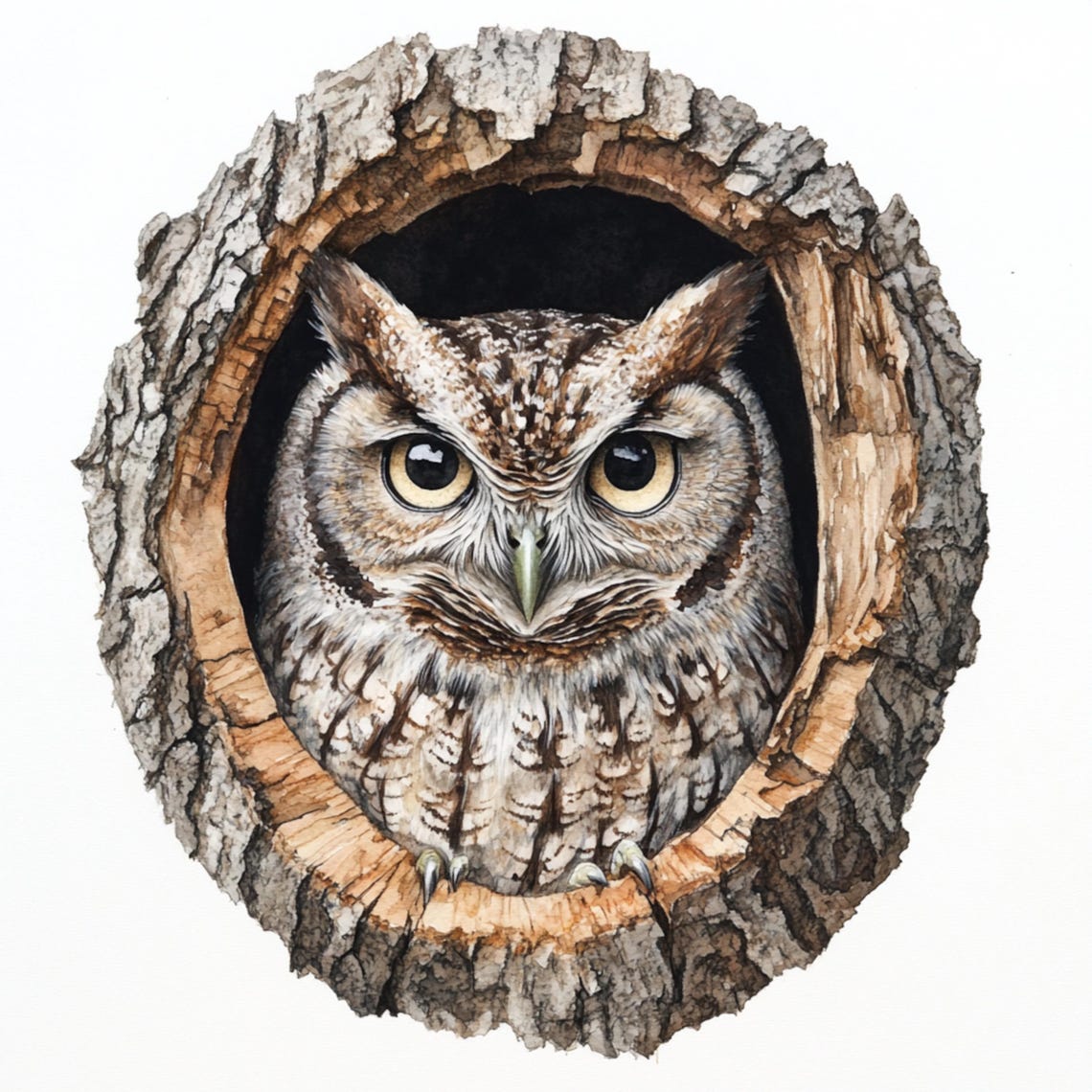 10 Printable Owl in Tree Cavity, Watercolor Owl in Hole, Reealisric Owl ...
