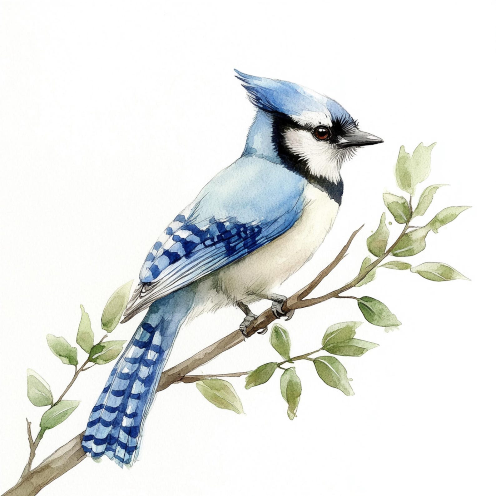10 Printable Blue Jay Bird , Watercolor Blue Jay, Bird on Green Tree ...