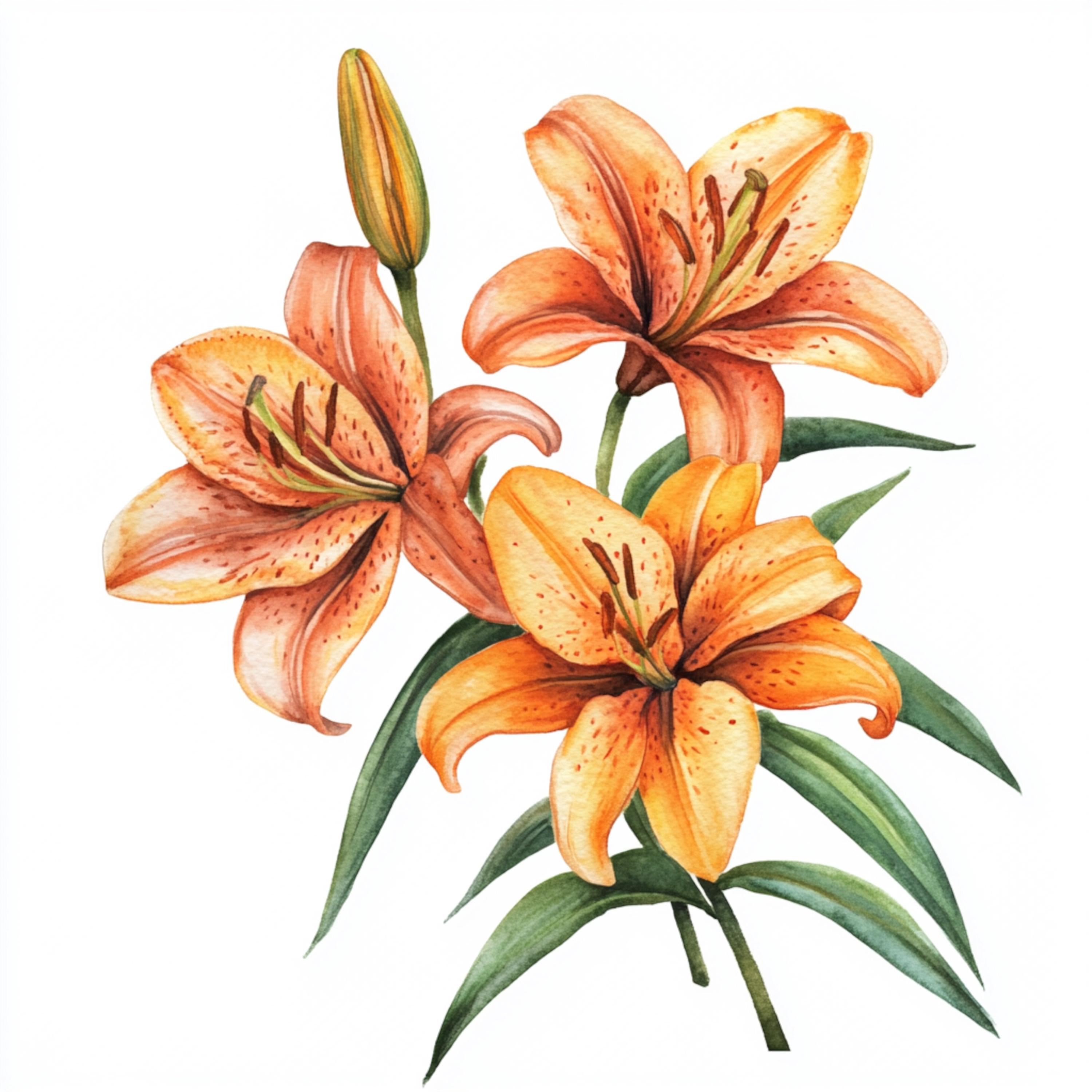 10 Printable Tiger Lily Flowers, Watercolor Lily, Botanical Lily Art ...