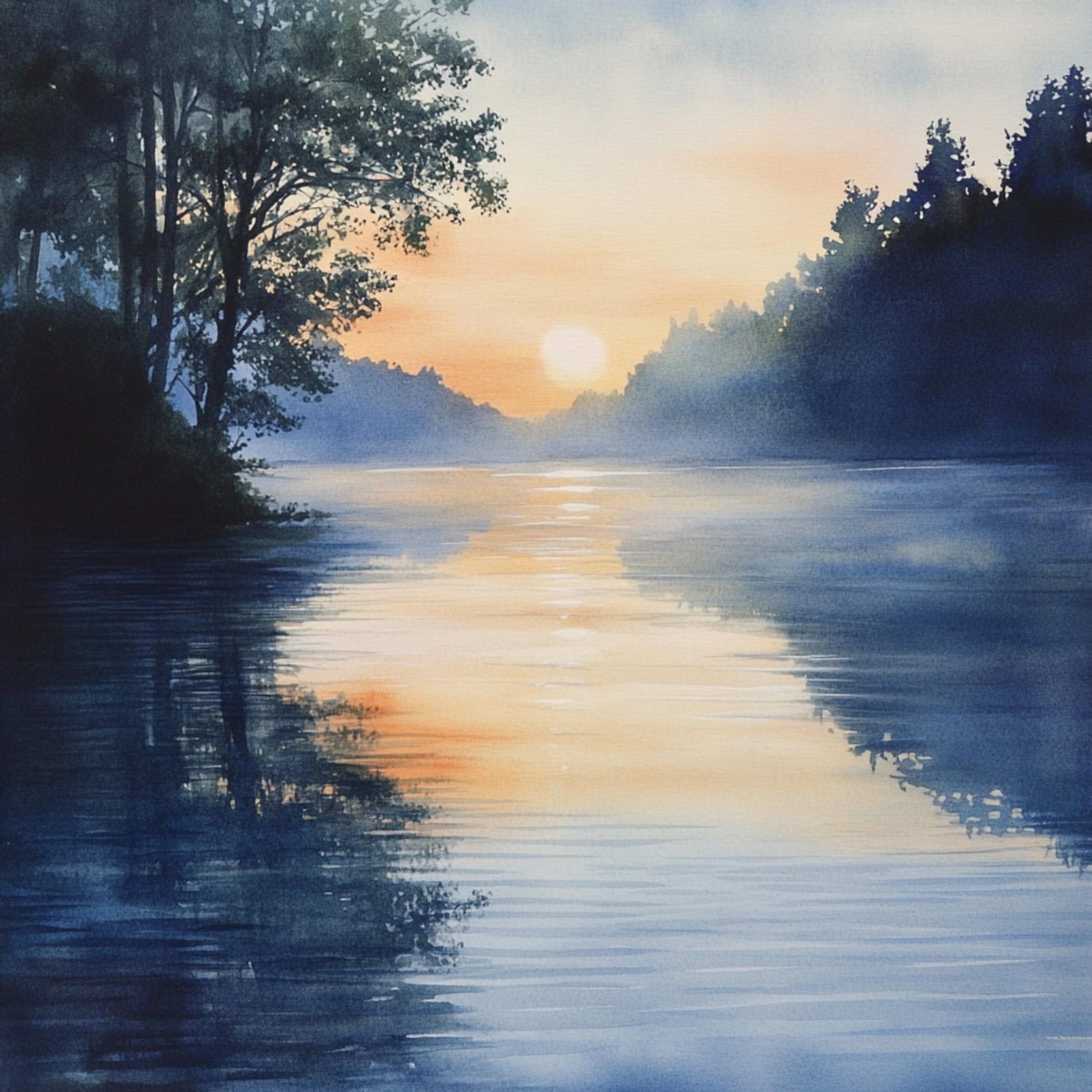10 Printable Morning Lake Landscape, Sunrise Lake Watercolor Art ...