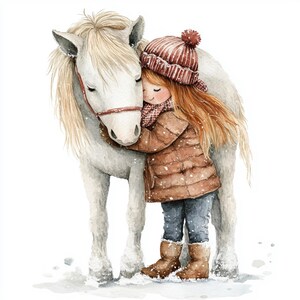Printable Little Girl and Horse, Watercolor Girl and Ponny Art ...
