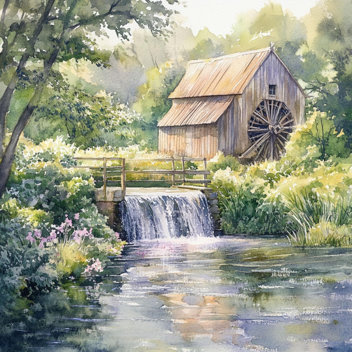 10 Printable Old Wooden Watermill, Watercolor Clipart, Watermill on ...