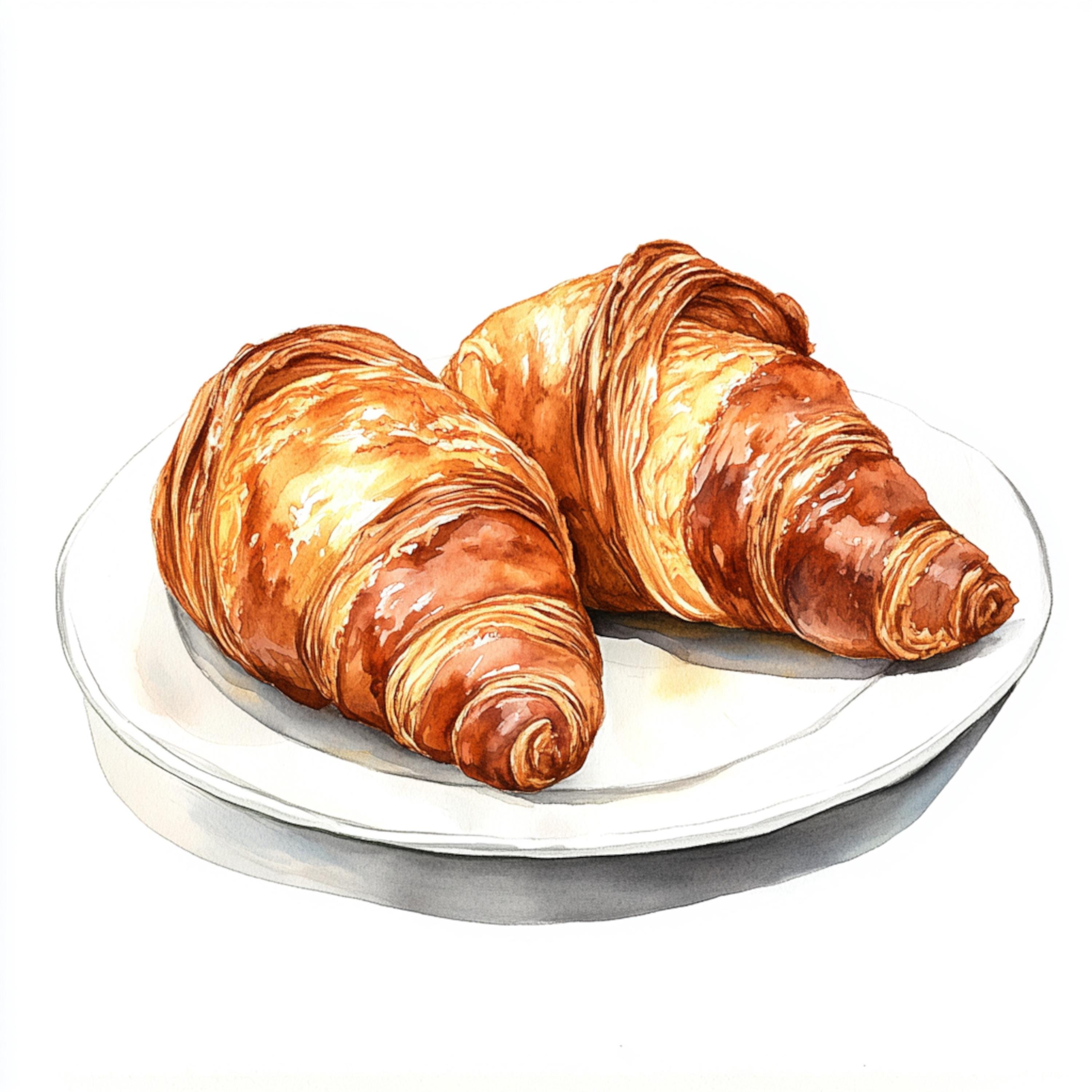 Printable Croissant Art, Watercolor Images, Croissants on Plate ...