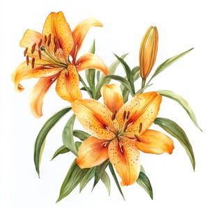10 Printable Tiger Lily Flowers, Watercolor Lily, Botanical Lily Art ...
