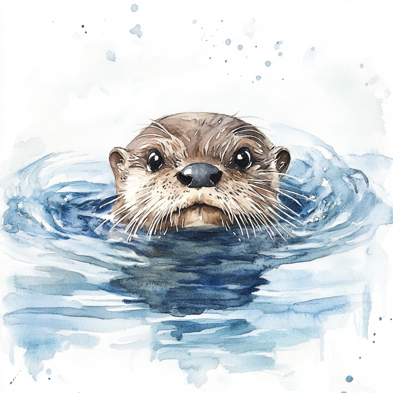 10 Printable Little Otter, Watercolor Swimming Otter, Cute Wild Animal ...