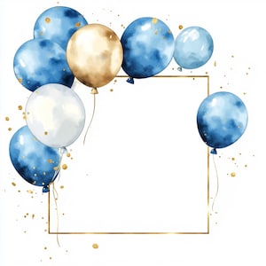 10 Printable Blue White Balloons Frame, Watercolor Party Ballons, Blue ...