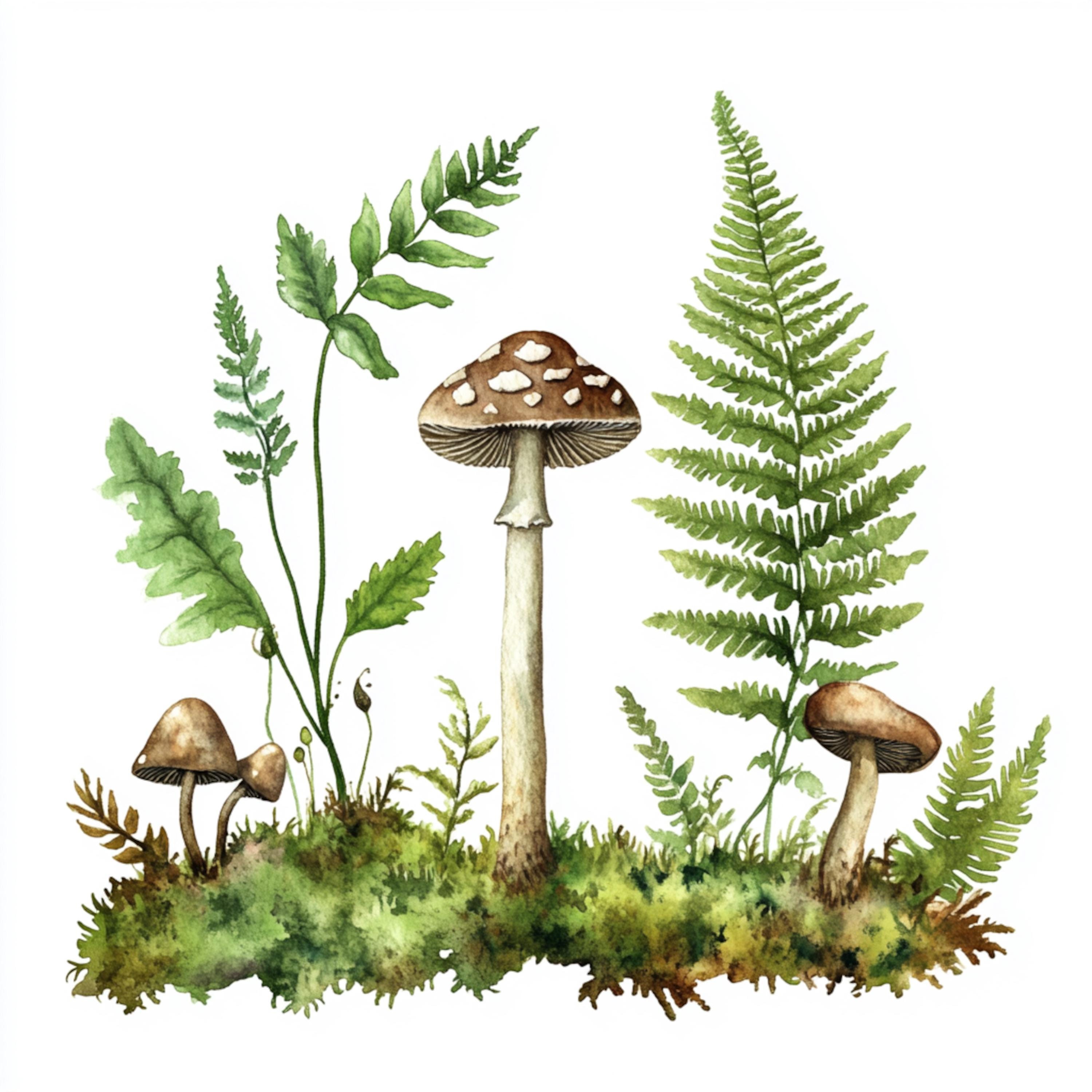 10 Printable Fern Leaves Decor, Watercolor Moss and Mushrooms, Fern ...