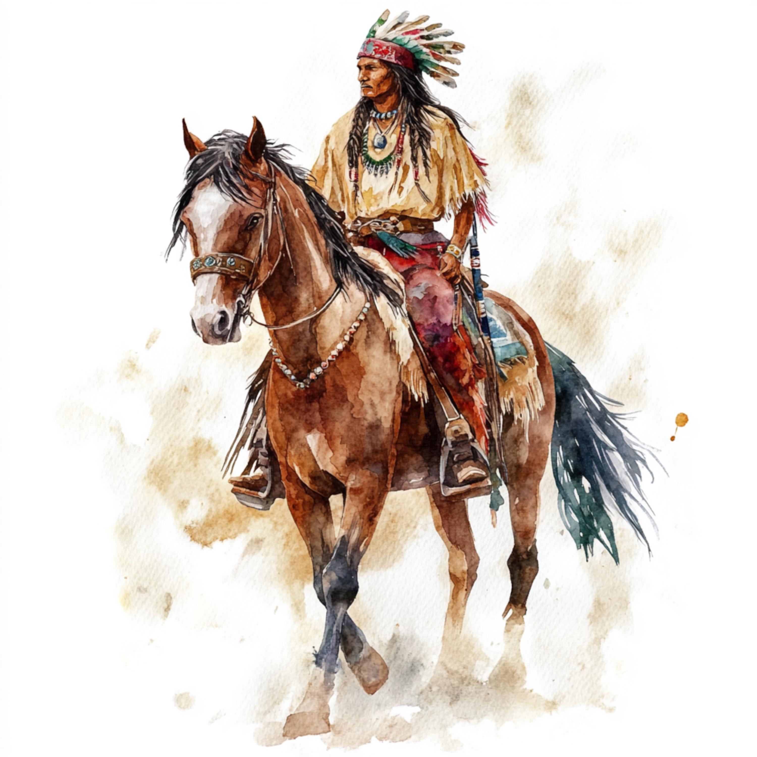 10 Printable Native Indian on Horse, Indian Horseman, Watercolor ...