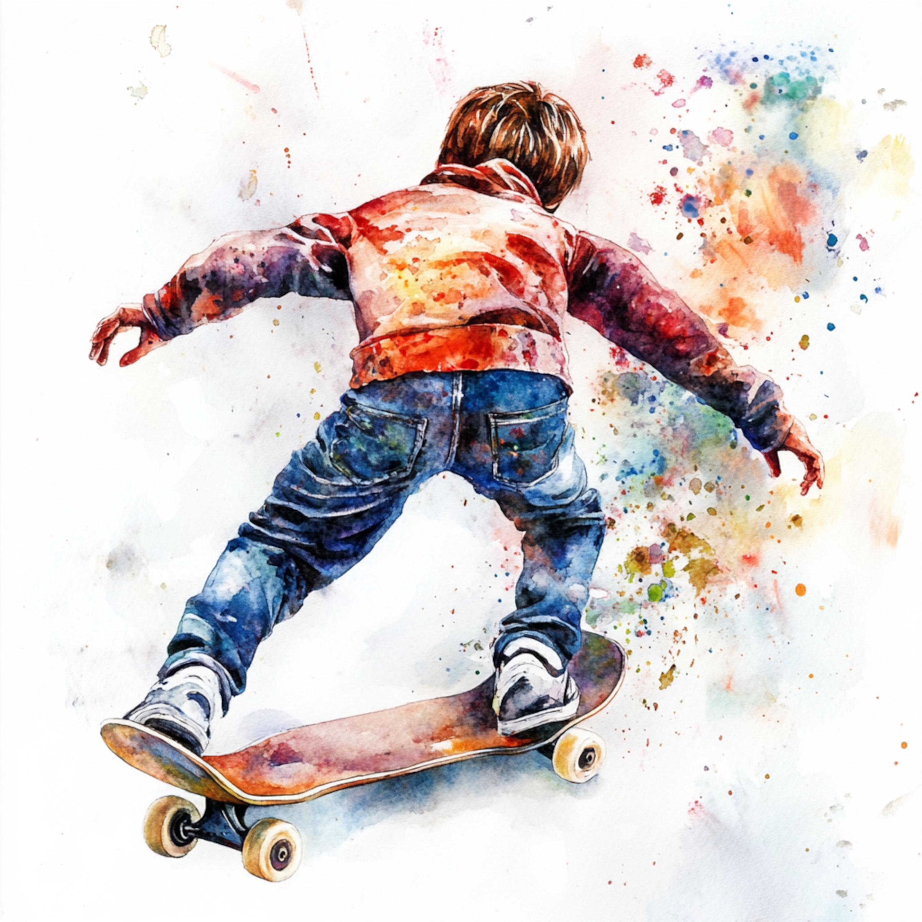 10 Printable Skateboard Boy, Watercolor Boy on Skateboard, Paper Design ...