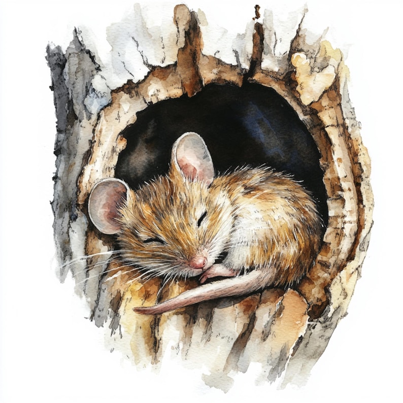 10 Printable Sleeping Mouse, Watercolor Mouse Hole, Cute Mouse Clipart ...