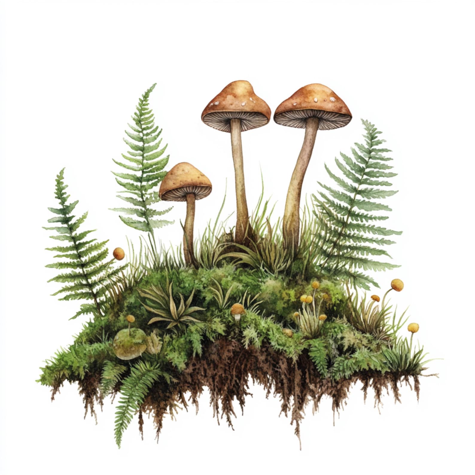 10 Printable Fern Leaves Decor, Watercolor Moss and Mushrooms, Fern ...