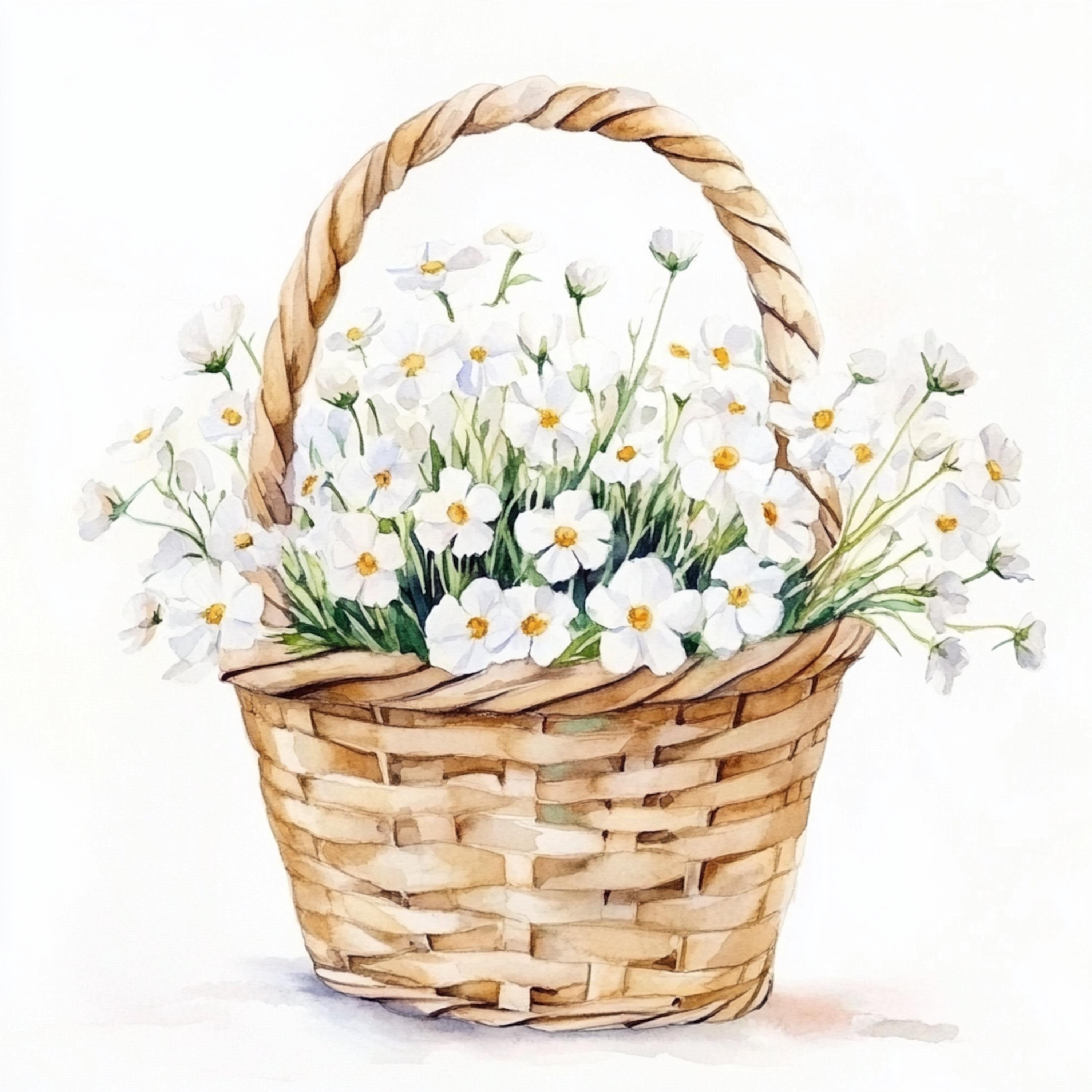 10 Printable Daisies in Wicker Basket, Watercolor Chamomile, Wayweed ...
