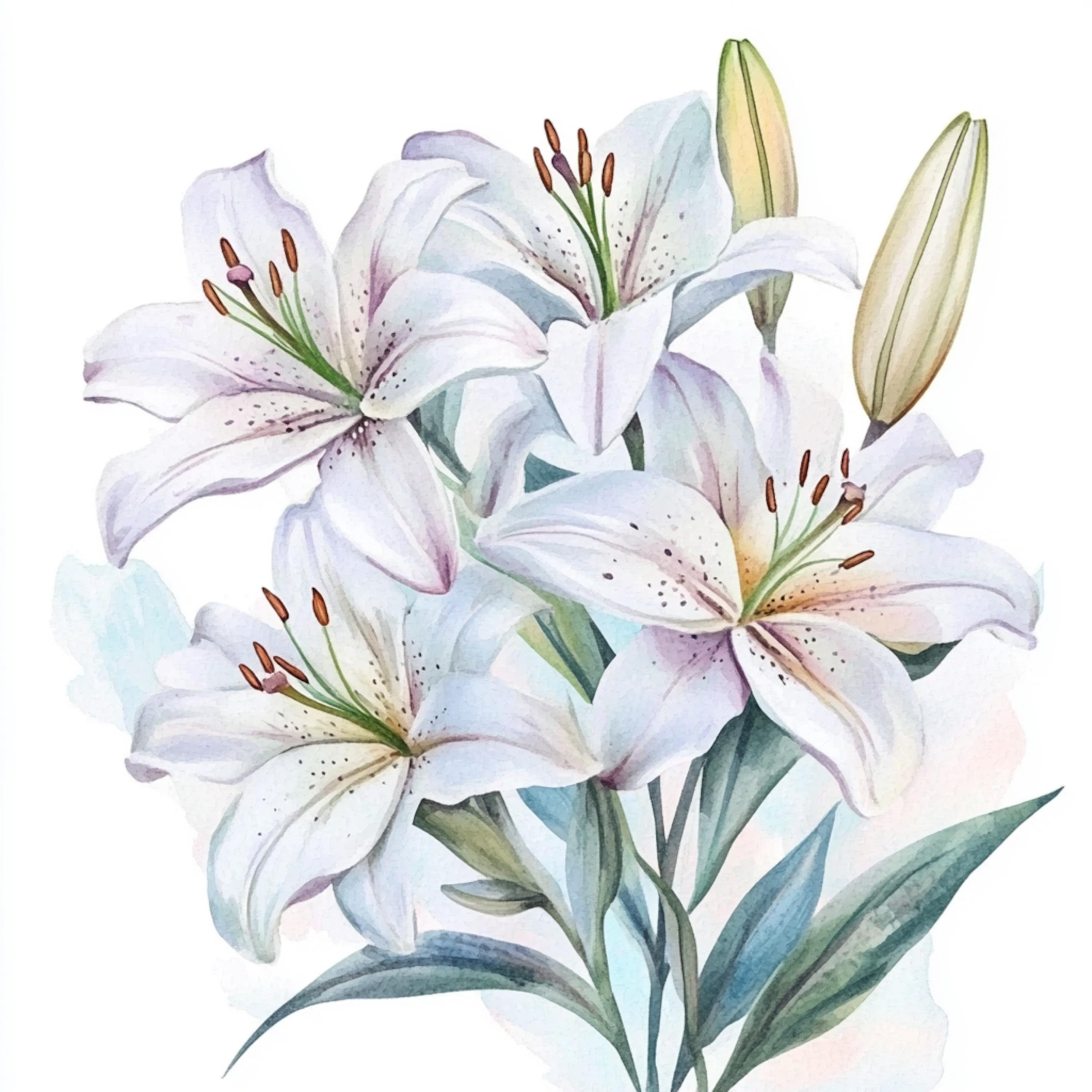 10 Printable White Lily Flowers, Watercolor Lily, Botanical Lily Art ...