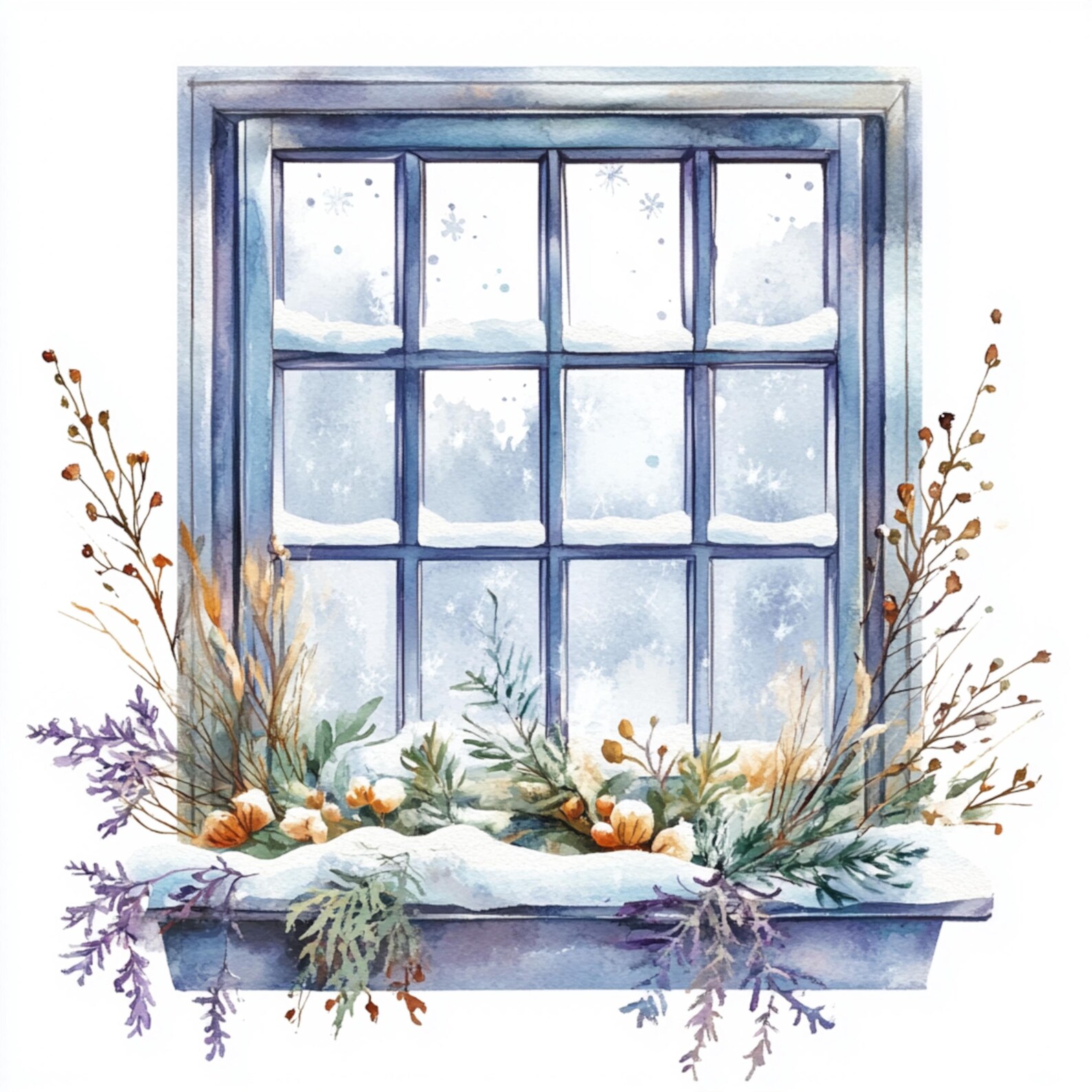 10 Printable Winter Floral Window, Christmas Decor, Watercolor Art ...