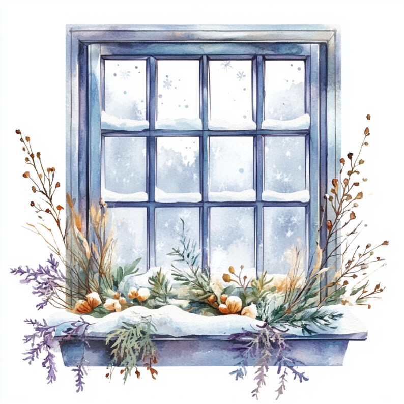 10 Printable Winter Floral Window, Christmas Decor, Watercolor Art ...