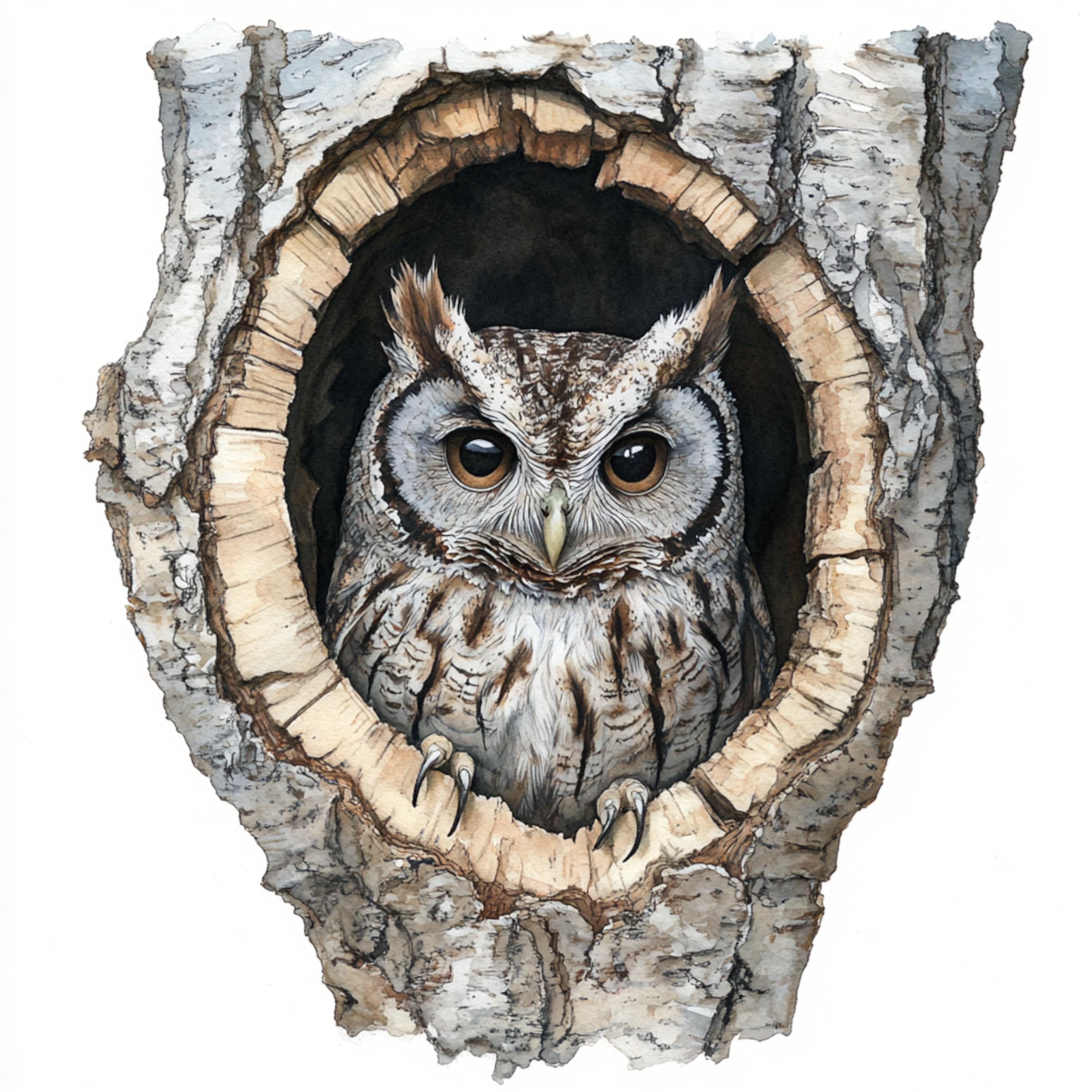 10 Printable Owl in Tree Cavity, Watercolor Owl in Hole, Reealisric Owl ...