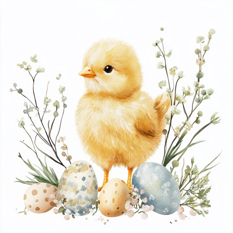 10 Printable Easter Decor, Watercolor Flaffy Chick, Easter Gift Decor ...
