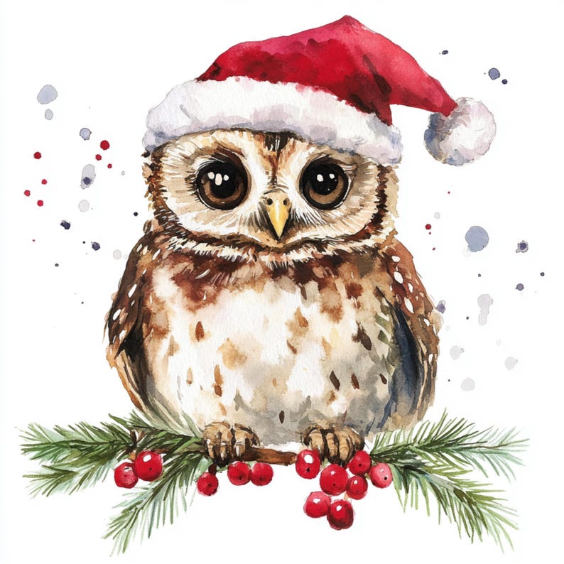 10 Printable Cute Owl Clipart, Watercolor Art, Santa Owl, Printable JPG ...