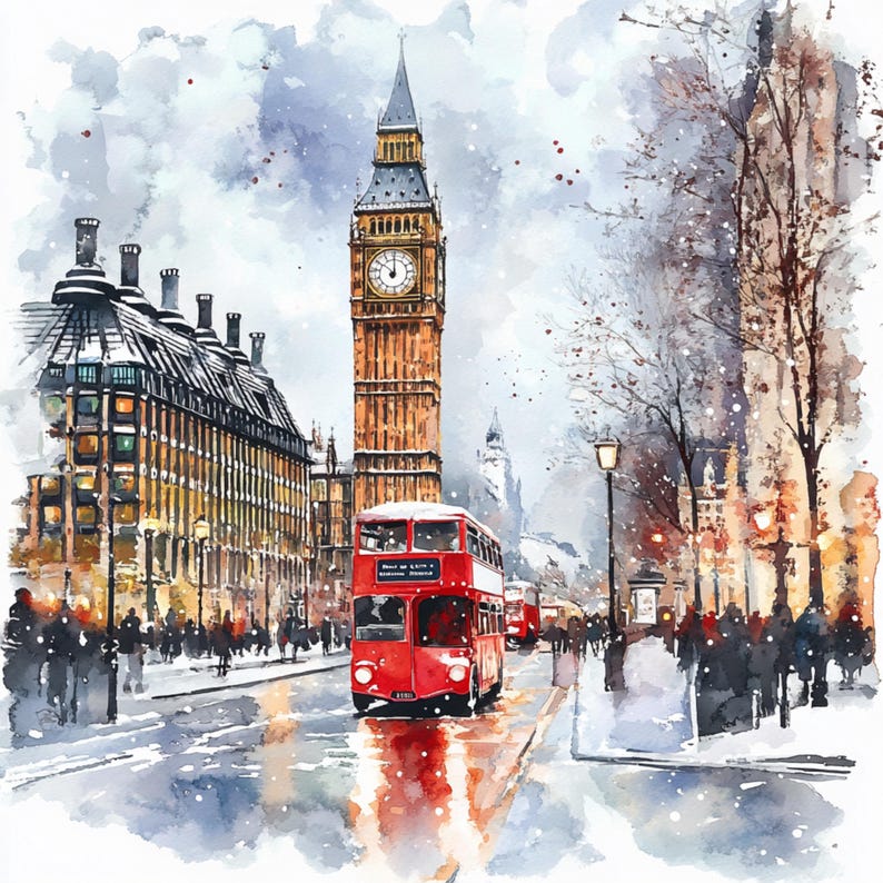 Christmas London City Card, Watercolor Soho District, London Trafalgar ...