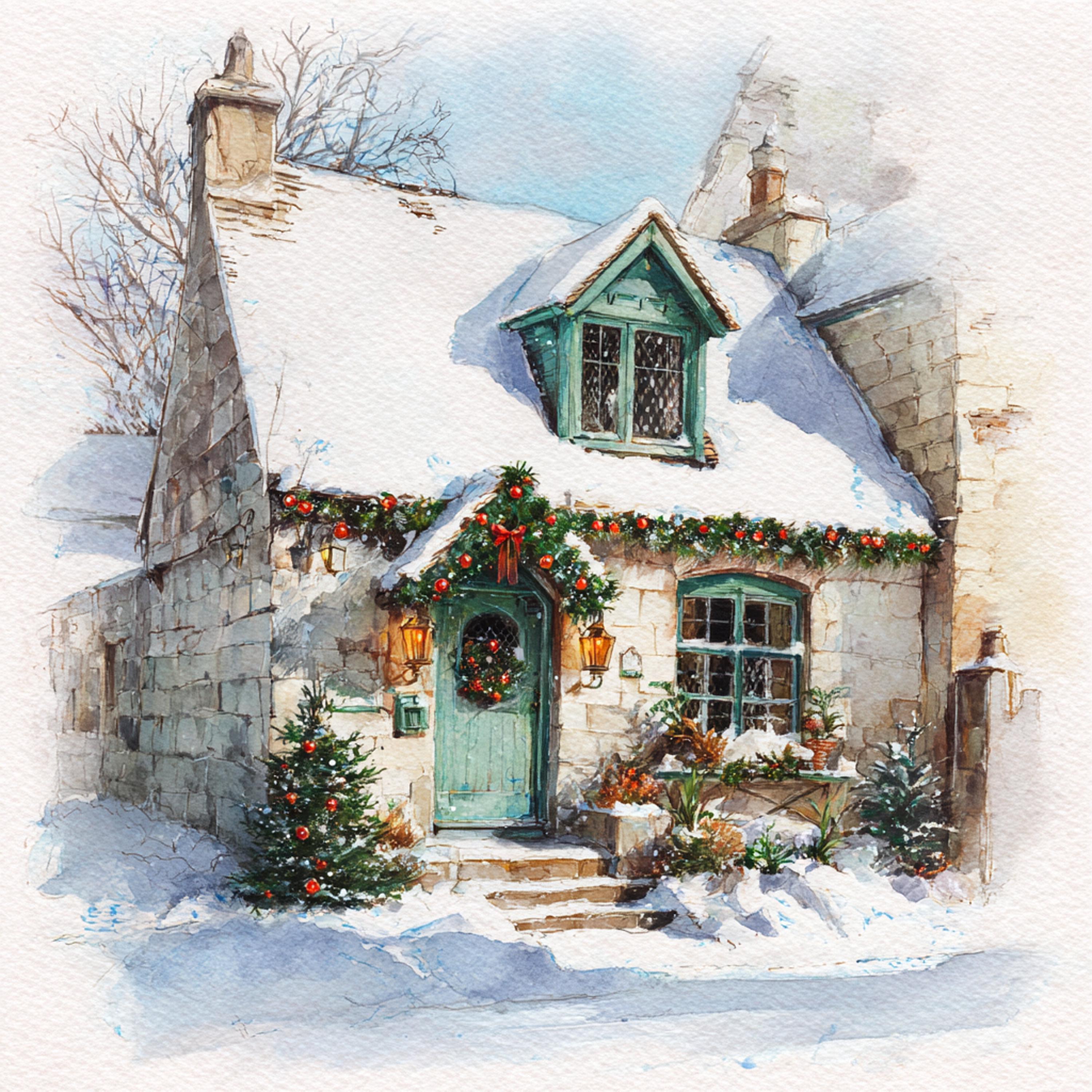 12 Printable Christmas Cottages, Christmas Card, House, Watercolor ...