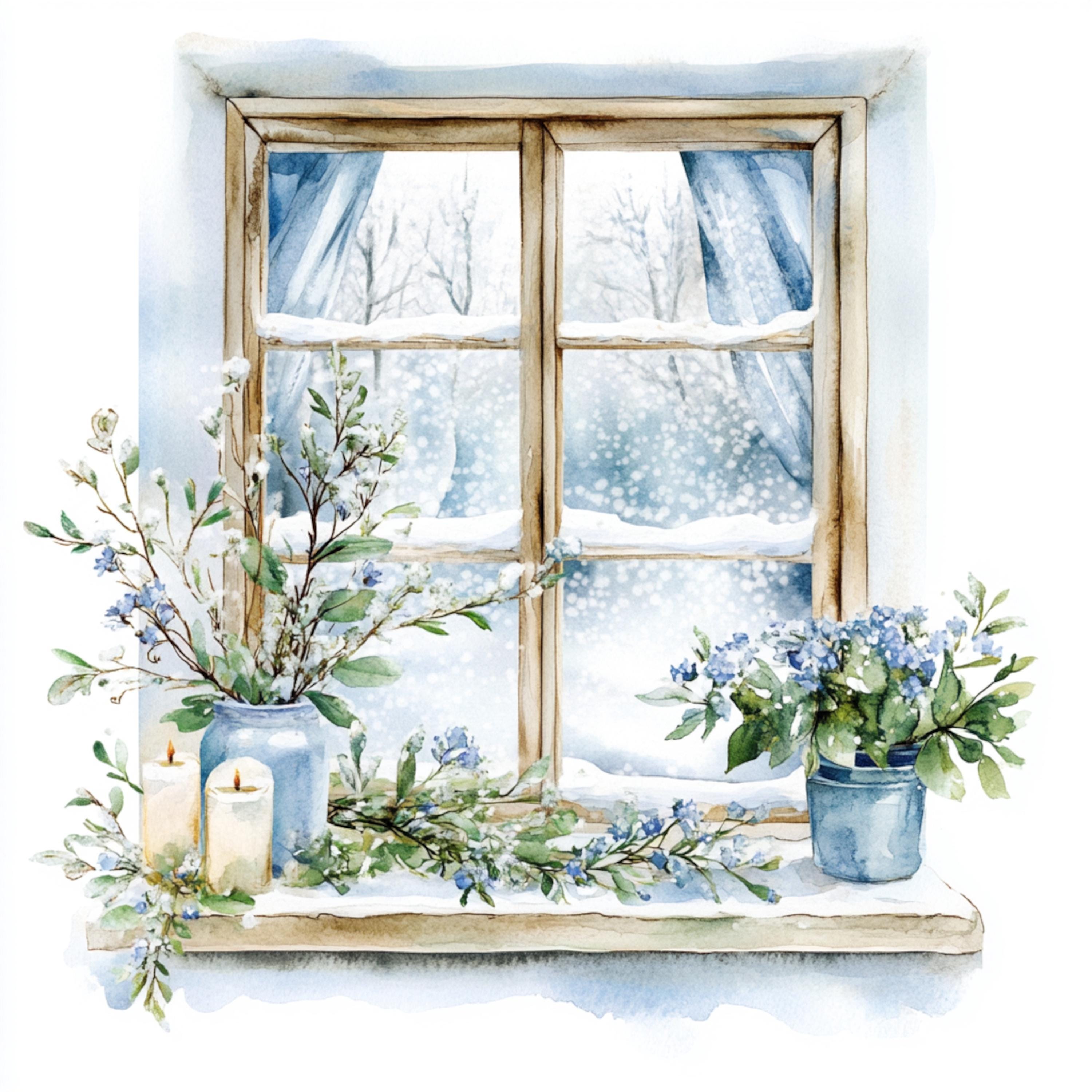 10 Printable Winter Floral Window, Christmas Decor, Watercolor Art ...