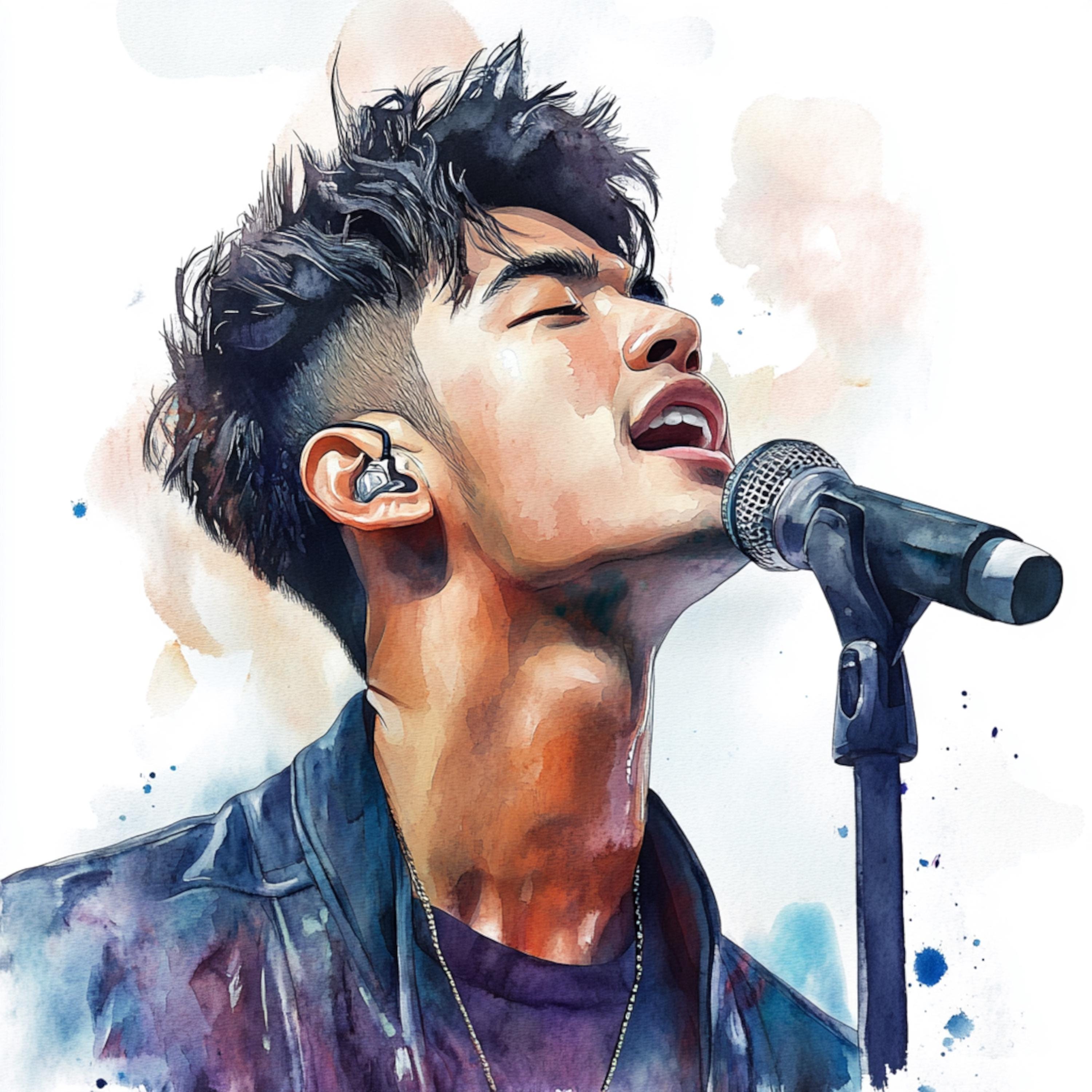 Watercolor Singing Asian Man, Young Singer, Asian Boy Art, Watercolor ...